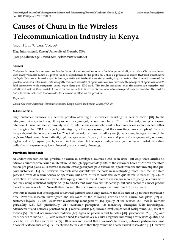 (PDF) Causes of Churn in the Wireless Telecommunication Industry in Kenya
