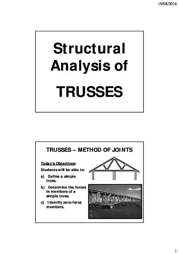 (PDF) Structural Analysis of TRUSSES TRUSSES – METHOD OF JOINTS