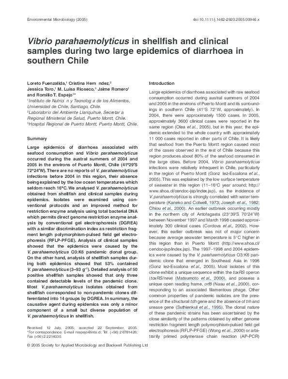 (PDF) Vibrio parahaemolyticus in shellfish and clinical samples during ...