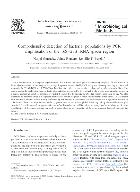 (PDF) Comprehensive detection of bacterial populations by PCR amplification of the 16S–23S rRNA ...