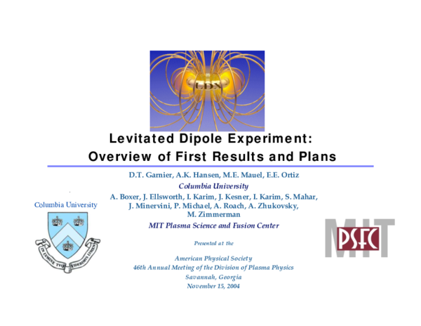(PDF) Levitated Dipole Experiment: Overview of First Results and Plans