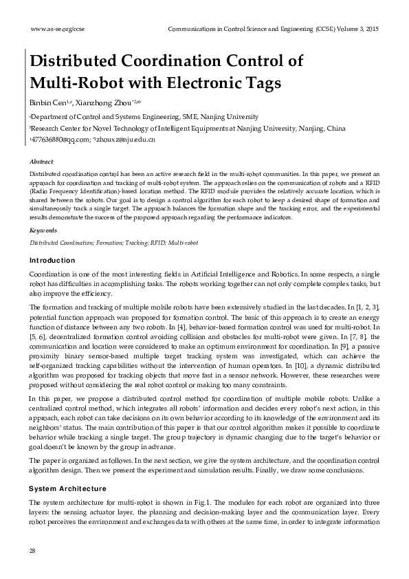 Pdf Distributed Coordination Control Of Multi Robot With Electronic Tags Co Sep