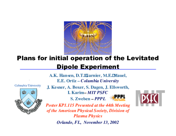 (PDF) Plans for initial operation of the Levitated Dipole Experiment