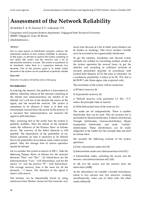 (PDF) Assessment of the Network Reliability