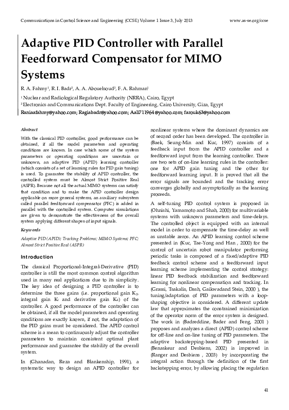 Pdf Adaptive Pid Controller With Parallel Feedforward Compensator For