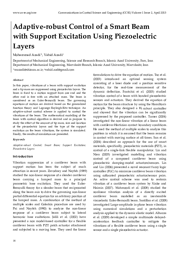 (PDF) Adaptive-robust Control of a Smart Beam with Support Excitation Using Piezoelectric Layers ...