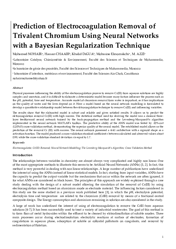 (PDF) Prediction of Electrocoagulation Removal of Trivalent Chromium ...
