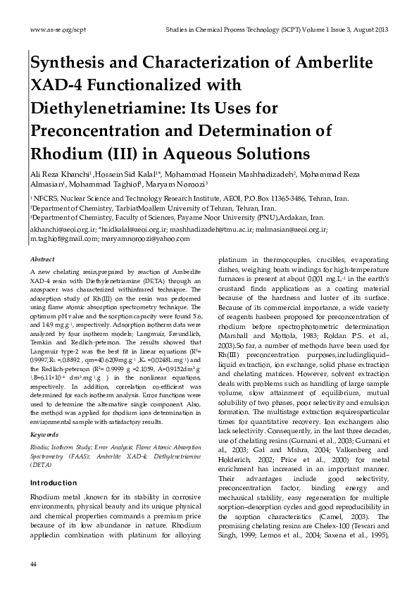 (PDF) Synthesis and Characterization of Amberlite XAD-4 Functionalized with Diethylenetriamine ...
