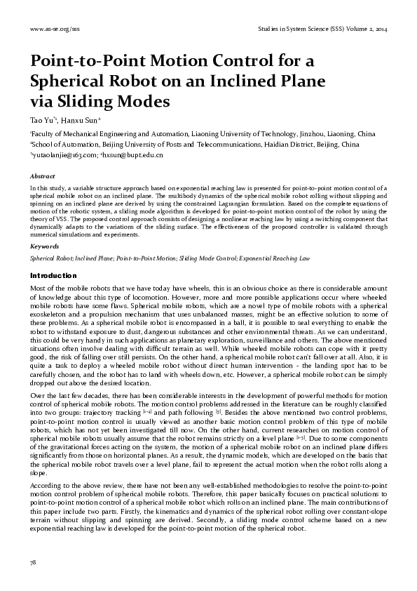 (PDF) Point‐to‐Point Motion Control for a Spherical Robot on an Inclined Plane via Sliding Modes