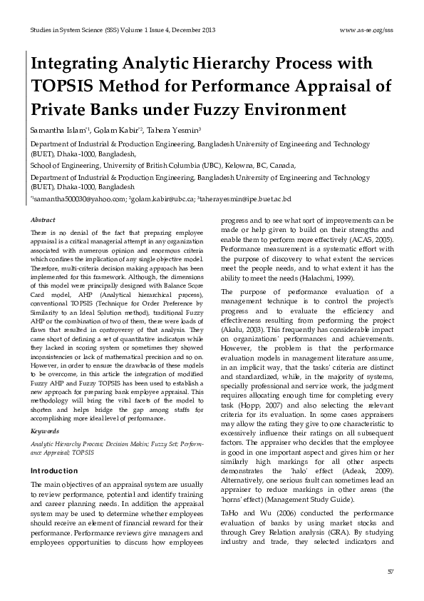 Pdf Integrating Analytic Hierarchy Process With Topsis Method For Performance Appraisal Of