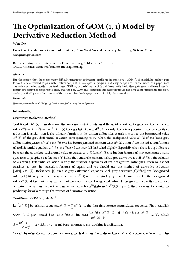 (PDF) The Optimization of GOM (1, 1) Model by Derivative Reduction Method