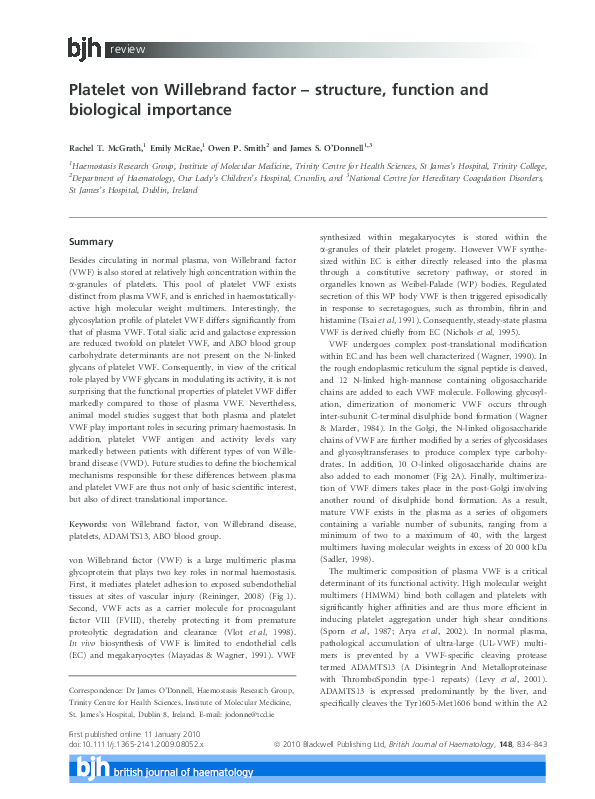 (PDF) Platelet von Willebrand factor - structure, function and ...