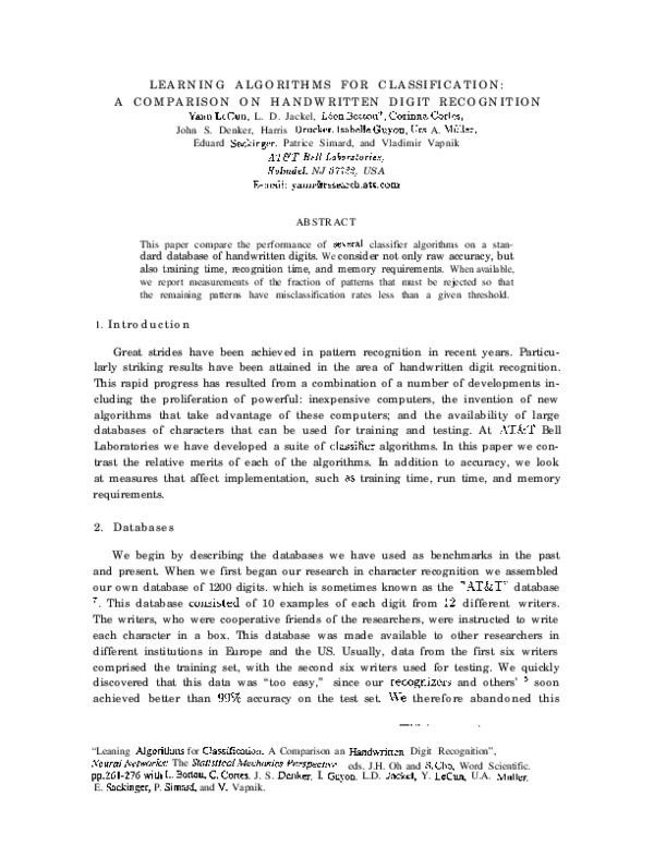 Pdf Learning Algorithms For Classification A Comparison On Handwritten Digit Recognition