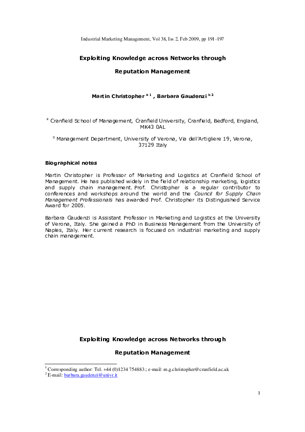 (PDF) Exploiting knowledge across networks through reputation management