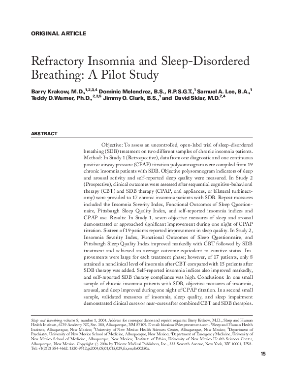 (PDF) Refractory Insomnia and Sleep-Disordered Breathing: A Pilot Study