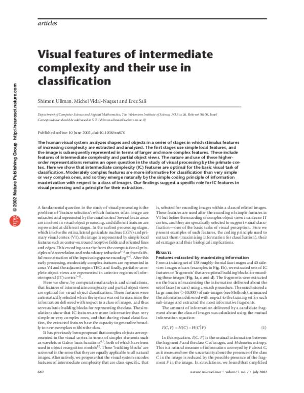 (PDF) Visual features of intermediate complexity and their use in classification