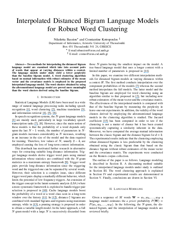 (PDF) Interpolated distanced bigram language models for robust word clustering