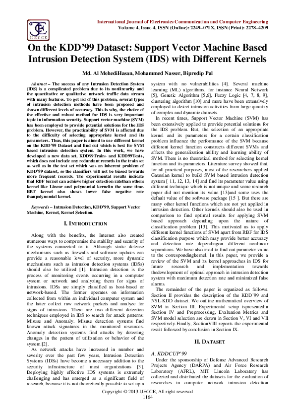 Pdf On The Kdd99 Dataset Support Vector Machine Based Intrusion