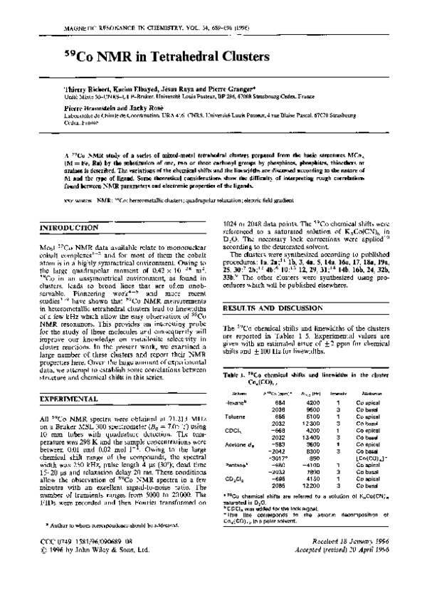 (PDF) 59Co NMR in Tetrahedral Clusters | Pierre Braunstein - Academia.edu