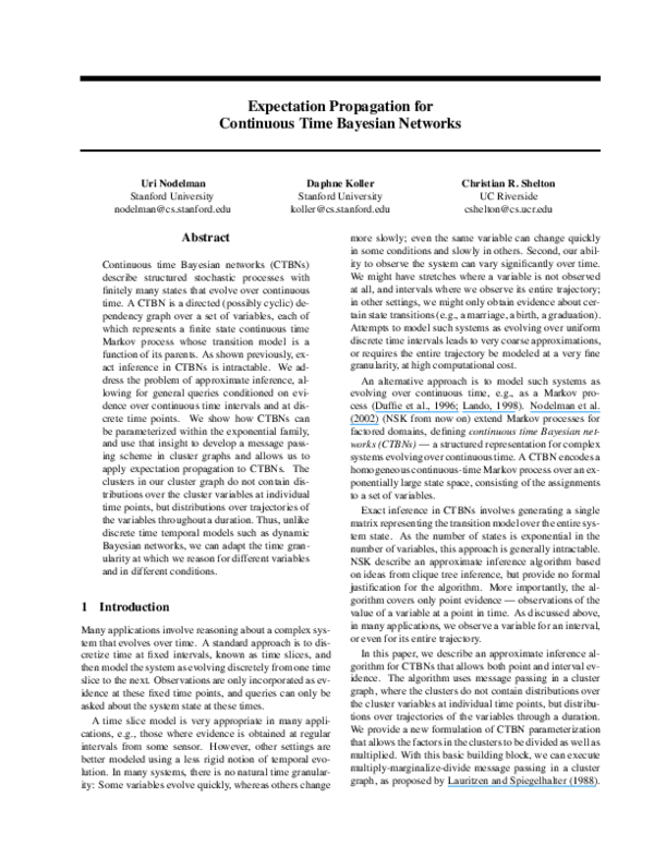 (PDF) Expectation Propagation for Continuous Time Bayesian Networks