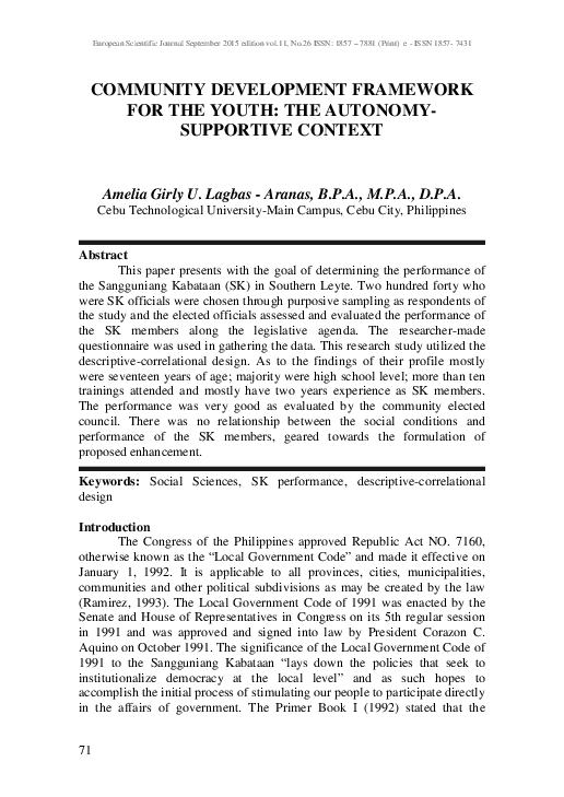 (PDF) COMMUNITY DEVELOPMENT FRAMEWORK FOR THE YOUTH: THE AUTONOMY ...