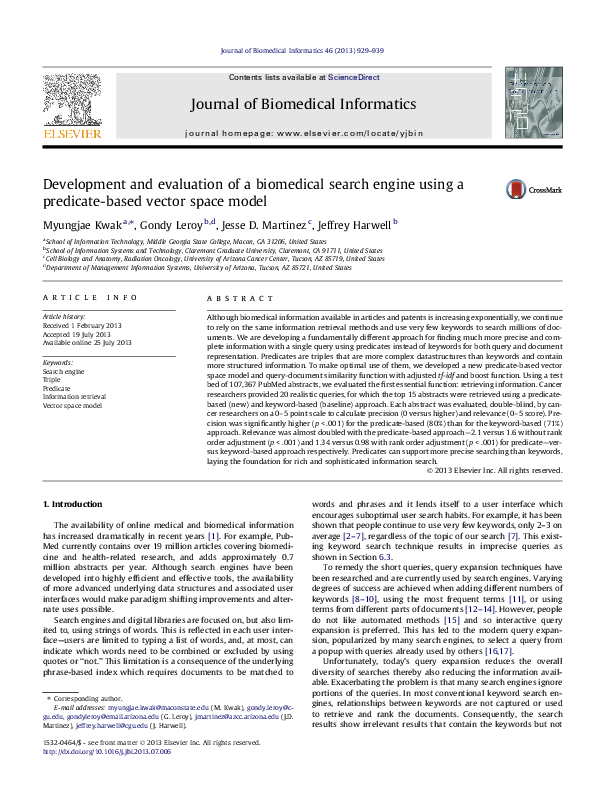 Pdf Development And Evaluation Of A Biomedical Search Engine Using A Predicate Based Vector