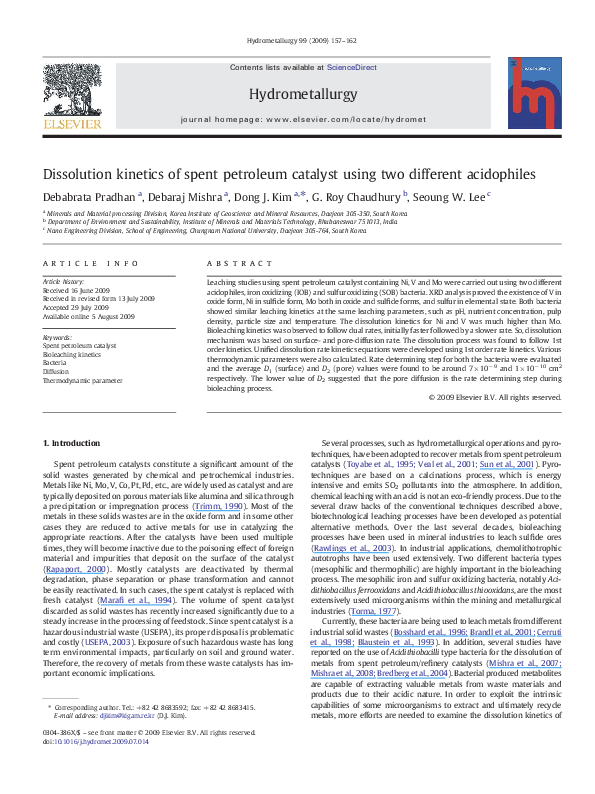 (PDF) Dissolution kinetics of spent petroleum catalyst using two ...