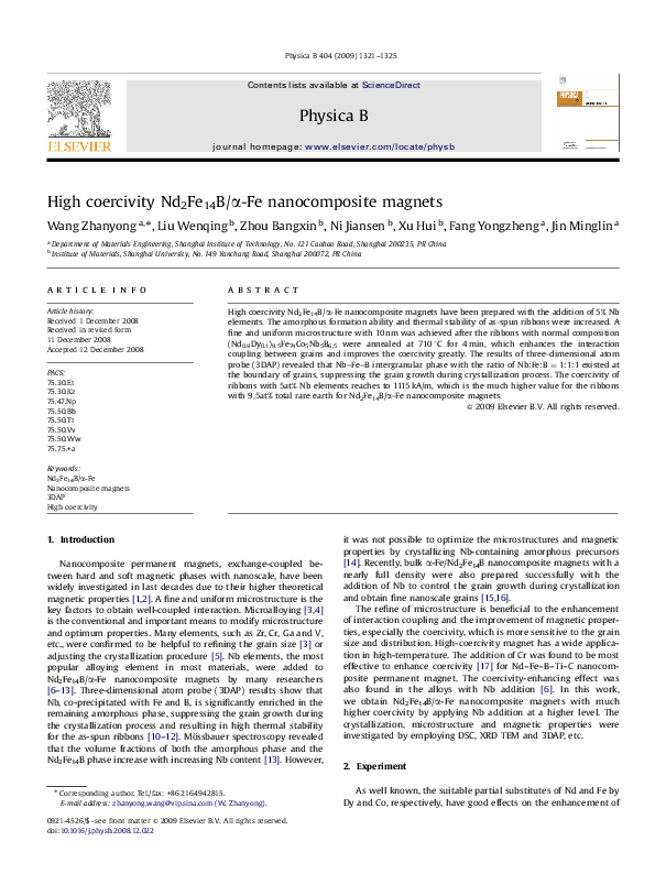 (PDF) High coercivity Nd2Fe14B/alpha-Fe nanocomposite magnets