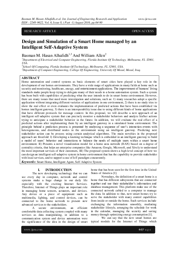 Pdf Design And Simulation Of A Smart Home Managed By An Intelligent Self Adaptive System