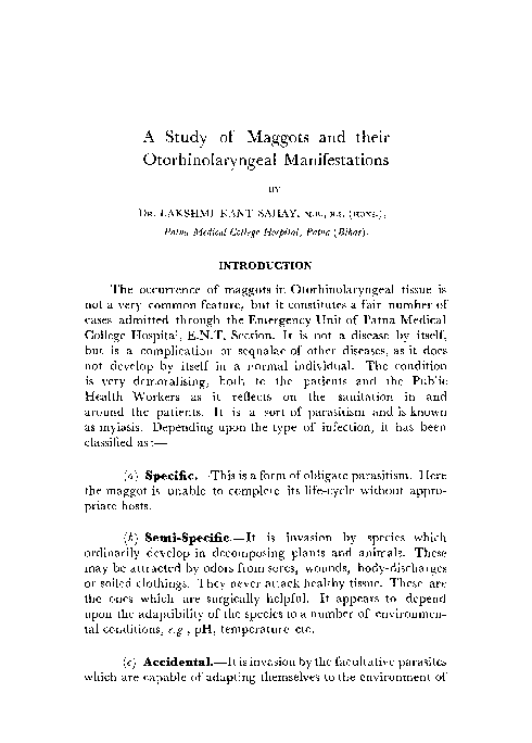 (PDF) A study of maggots and their otorhinolaryngeal manifestations