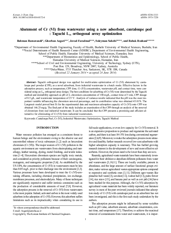(PDF) Abatement of Cr (VI) from wastewater using a new adsorbent ...