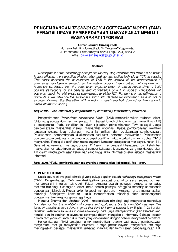 (PDF) PENGEMBANGAN TECHNOLOGY ACCEPTANCE MODEL (TAM) SEBAGAI UPAYA ...