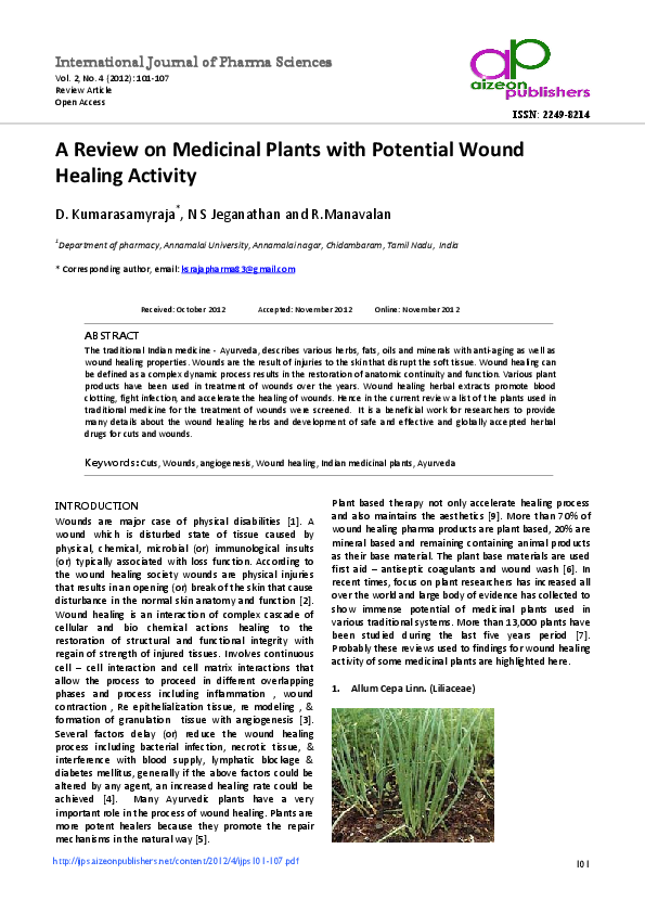 A Review on Medicinal Plants with Potential Wound Healing Activity