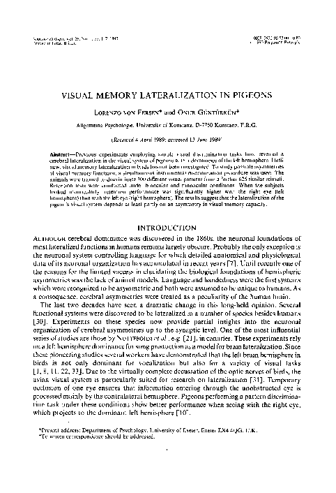 (PDF) Visual memory lateralization in pigeons
