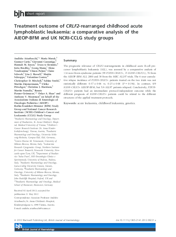 (PDF) Treatment outcome of CRLF2-rearranged childhood acute lymphoblastic leukaemia: a ...