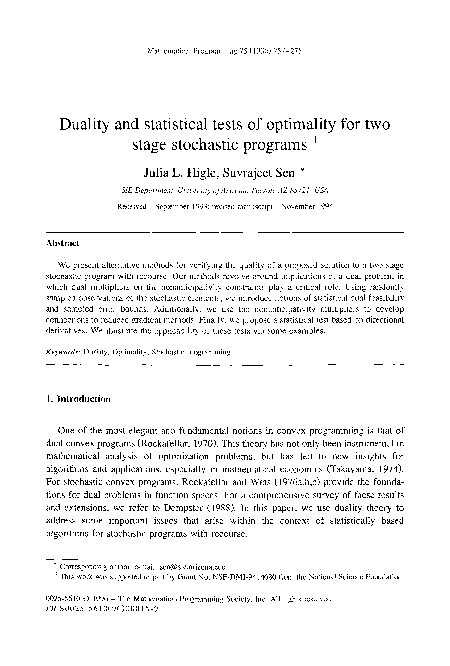 Pdf Duality And Statistical Tests Of Optimality For Two Stage Stochastic Programs Suvrajeet