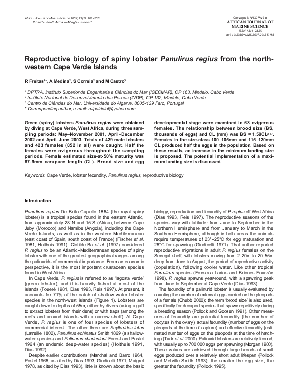 (PDF) Reproductive biology of spiny lobster Panulirus regius from the ...