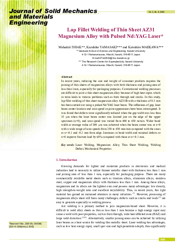 (PDF) Lap Fillet Welding of Thin Sheet AZ31 Magnesium Alloy with Pulsed ...