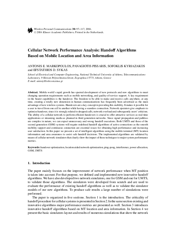 (PDF) Cellular Network Performance Analysis: Handoff Algorithms Based on Mobile Location and ...