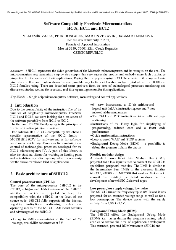 (PDF) Software compability freescale microcontrollers HC08, HC11 and HC12