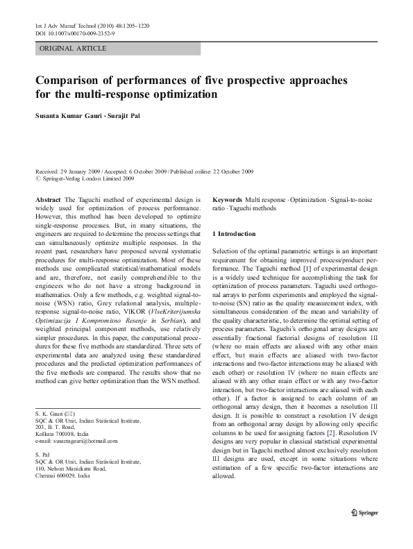 (PDF) Comparison of performances of five prospective approaches for the multi-response optimization