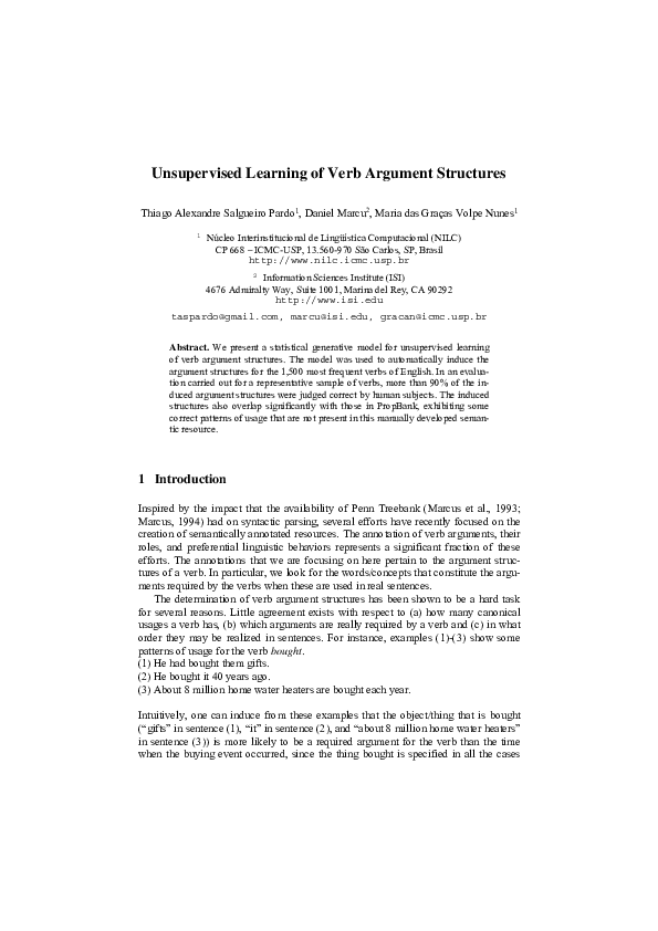 (PDF) Unsupervised Learning of Verb Argument Structures