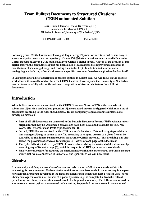 (PDF) From Fulltext Documents to Structured Citations:CERN's automated Solution