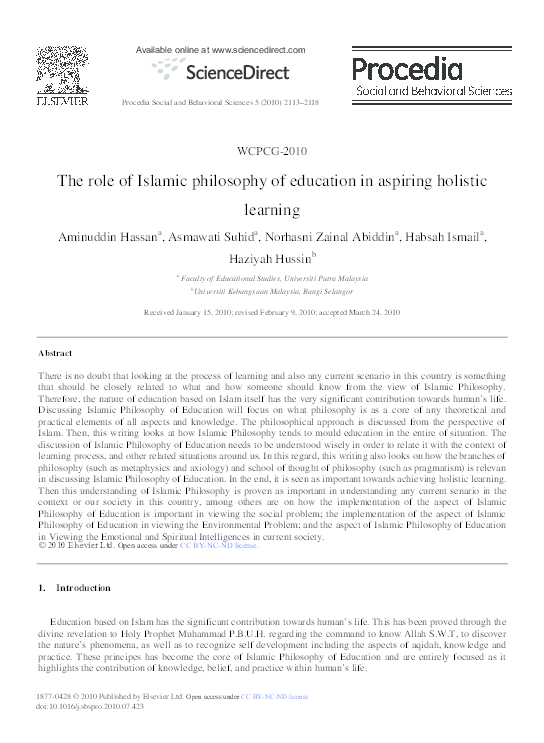 (PDF) The role of Islamic philosophy of education in aspiring holistic ...