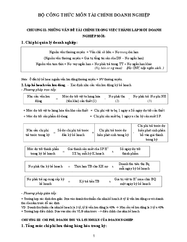 (PDF) Công thức TCDN BỘ CÔNG THỨC MÔN TÀI CHÍNH DOANH NGHIỆP
