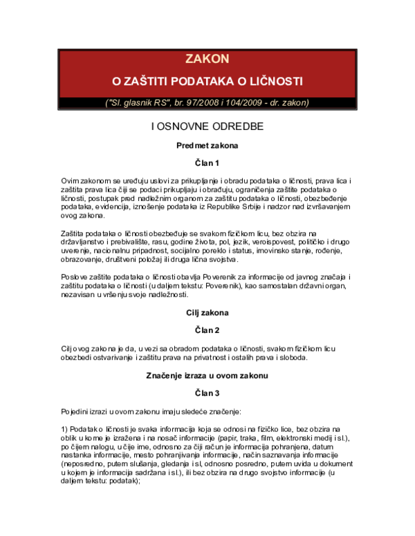 (DOC) Zakon o zastiti podataka o licnosti