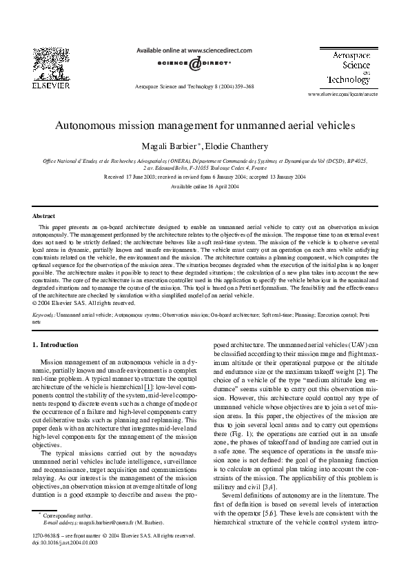 (PDF) Autonomous mission management for unmanned aerial vehicles
