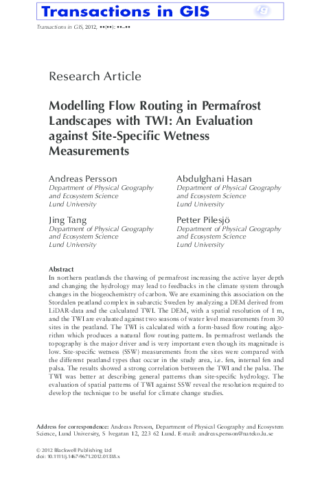 (PDF) Modelling Flow Routing in Permafrost Landscapes with TWI: An Evaluation against Site ...