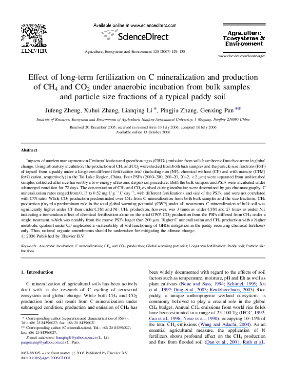 (PDF) Effect of long-term fertilization on C mineralization and production of CH 4 and CO 2 ...
