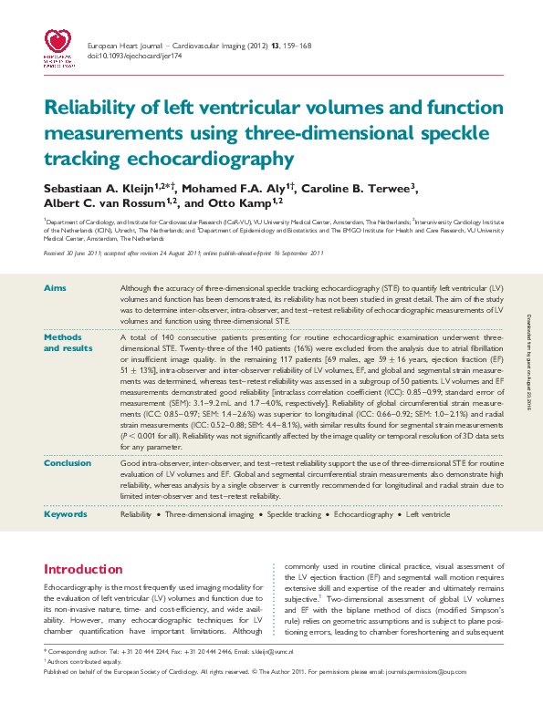 Pdf Reliability Of Left Ventricular Volumes And Function Measurements Using Three Dimensional